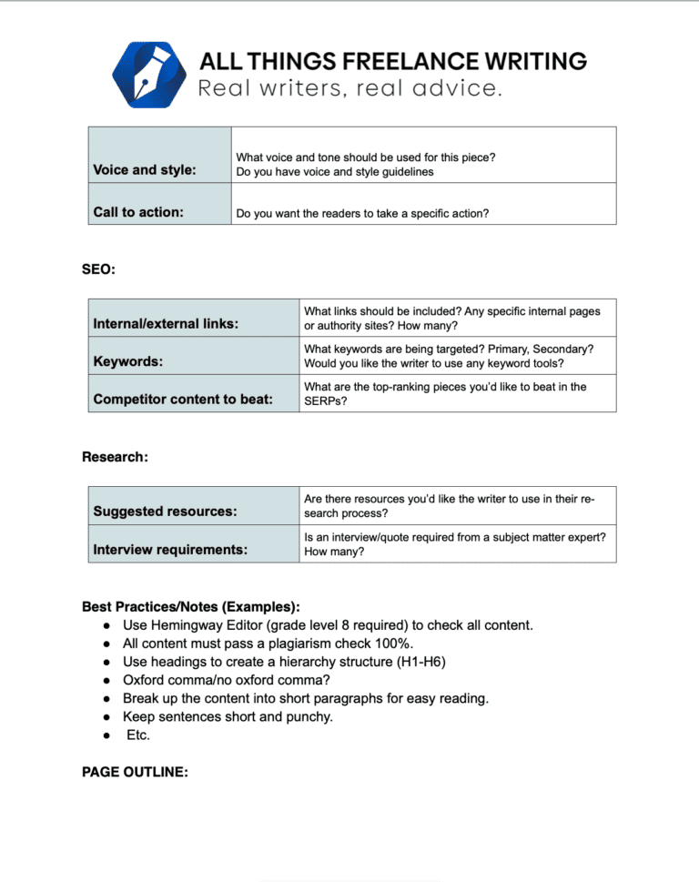 Blog Assignment Brief Template - All Things Freelance Writing